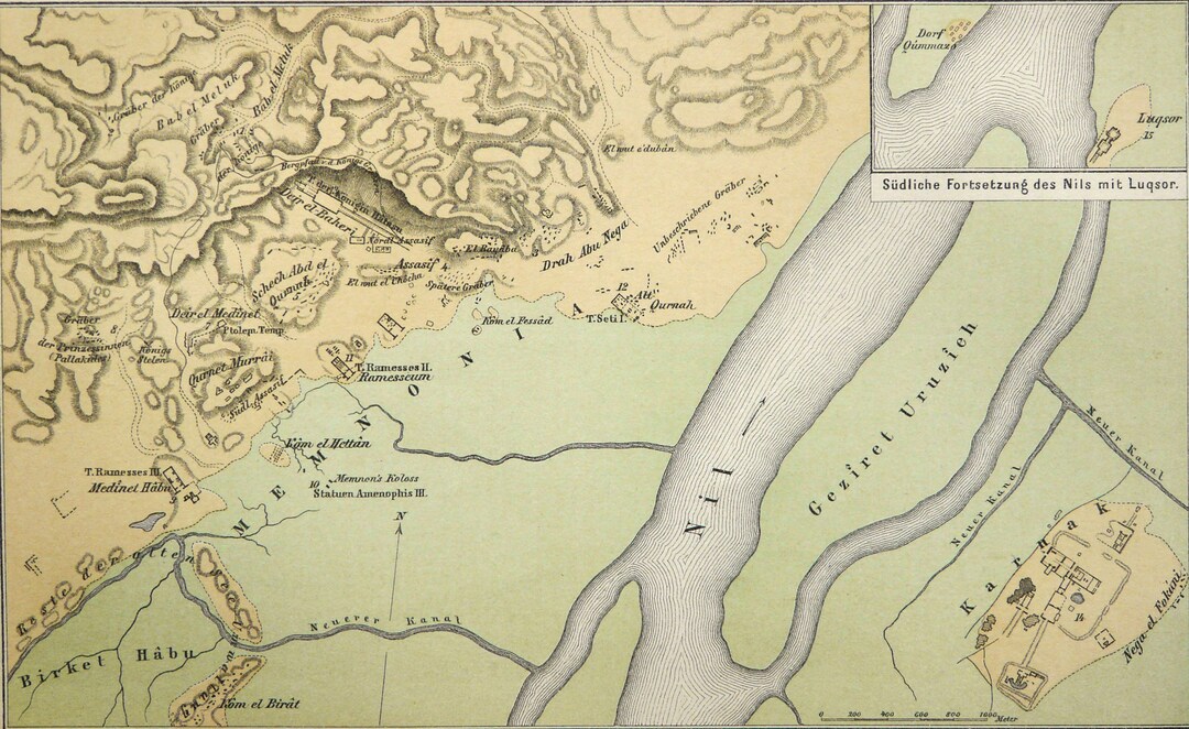 1895 Antique Map of THEBES, EGYPT. Nile River. Archaeology. Archeology ...