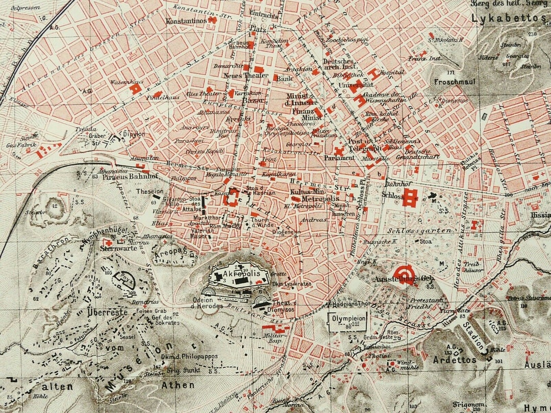 1897 Antique City Map of ATHENS, GREECE. 127 Years Old Town Map. - Etsy
