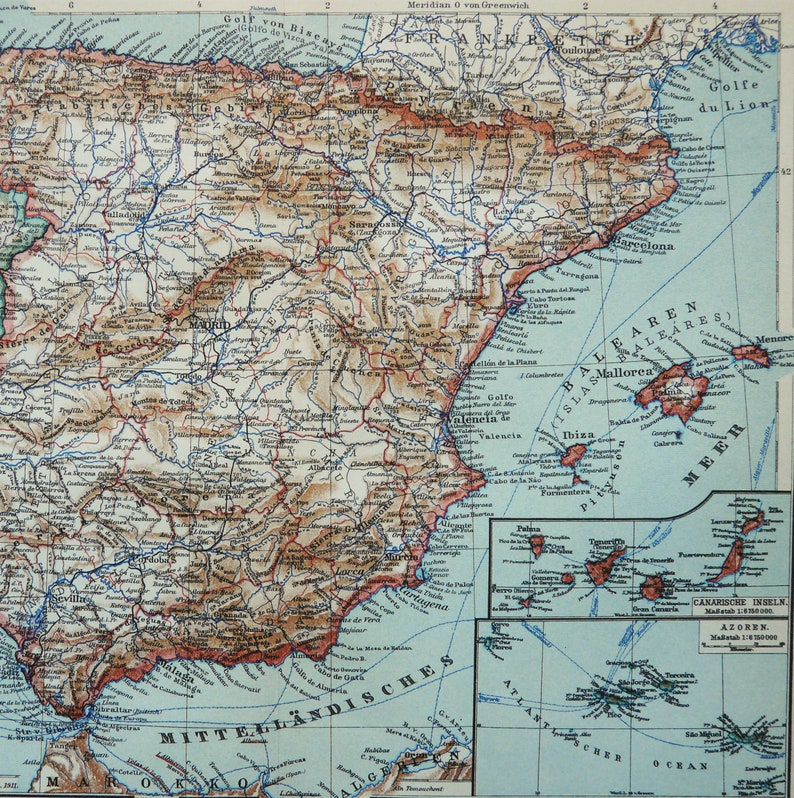 1895 Antique Map of SPAIN. Madrid. Barcelona. 129 Years Old Chart. - Etsy