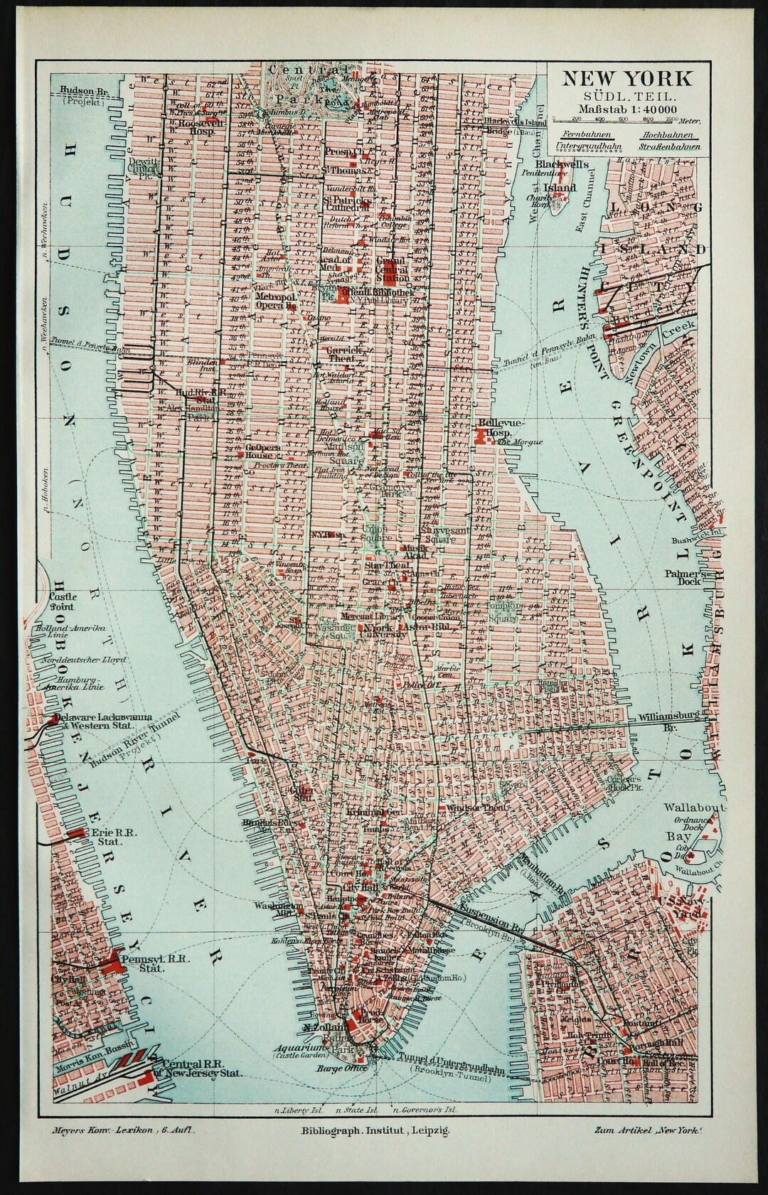 1897 Antique City Map of MANHATTAN, NEW YORK. 128 Years Old Town Map ...