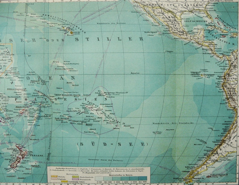 1897 Antique Large Map of OCEANIA. PACIFIC OCEAN. Polynesia. Melanesia ...