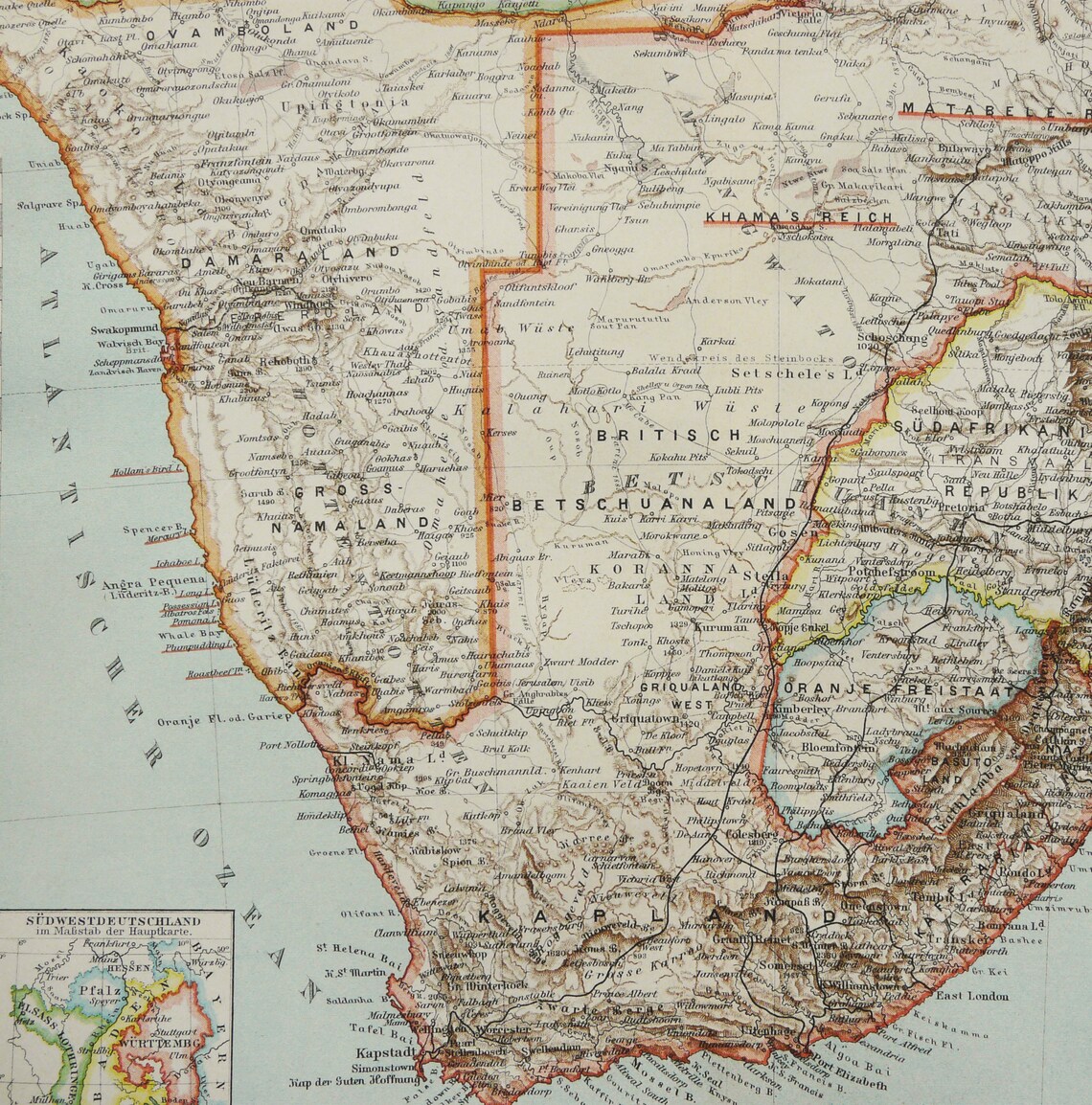 1897 Antique Map of SOUTHERN AFRICA, South Africa, Bostwana, Namibia ...
