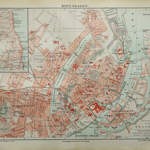 1897 Antique City Map of COPENHAGEN, DENMARK. 127 Years Old Town Map ...