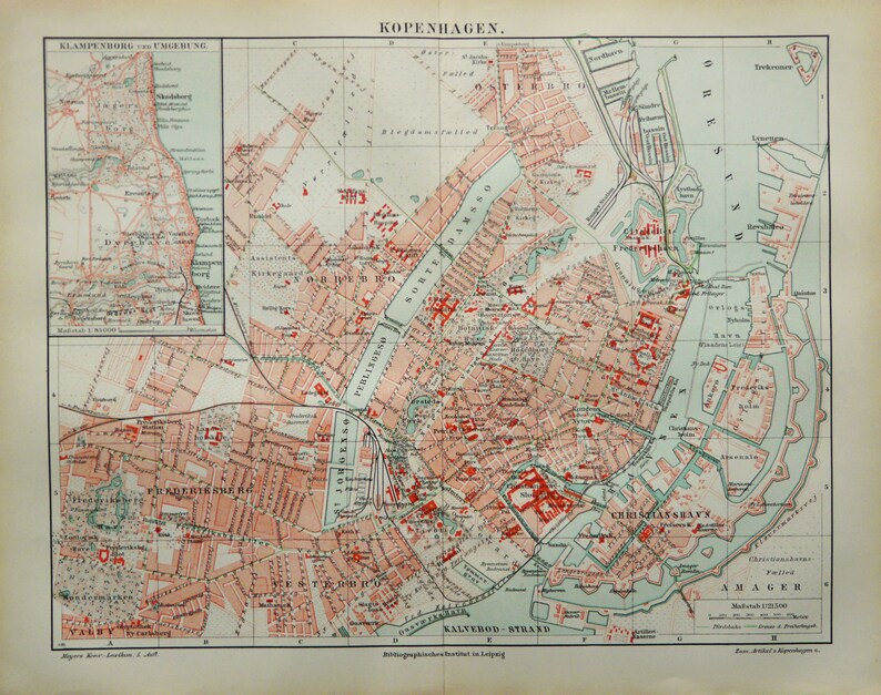 1897 Antique City Map of COPENHAGEN, DENMARK. 127 Years Old Town Map ...
