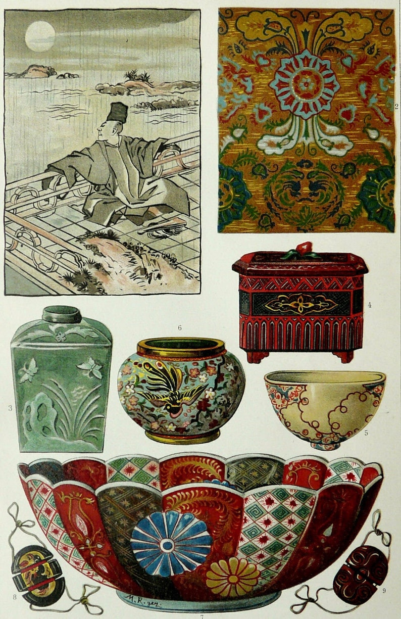 1897 Antique Lithograph of JAPANESE CULTURE. Japanese Art. Japan. Vases ...