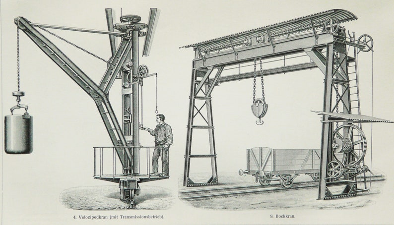 1897 Antique Print of CRANES, CRANE MACHINES, Different Types ...