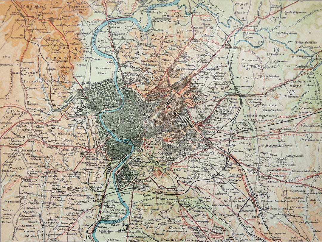 1895 Antique City Map of ROME. ITALIA. 131 Years Old Town Map. - Etsy
