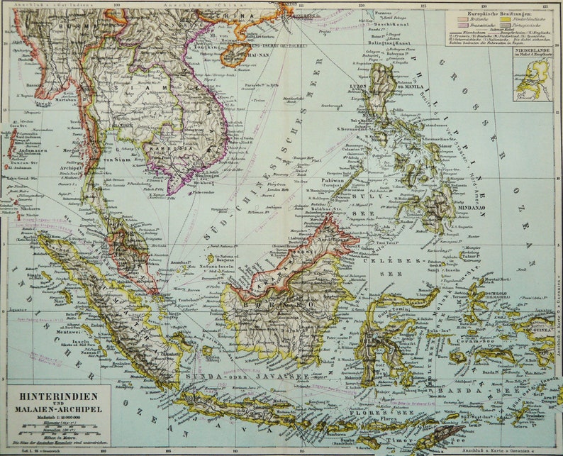 1897 Antique Map of INDONESIA, SOUTHERN ASIA. Vietnam. Philippines ...