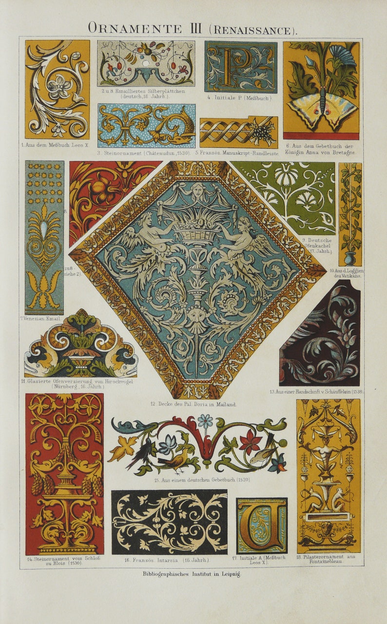 1895 Antique Lithograph of RENAISSANCE ORNAMENTS. Decorative - Etsy