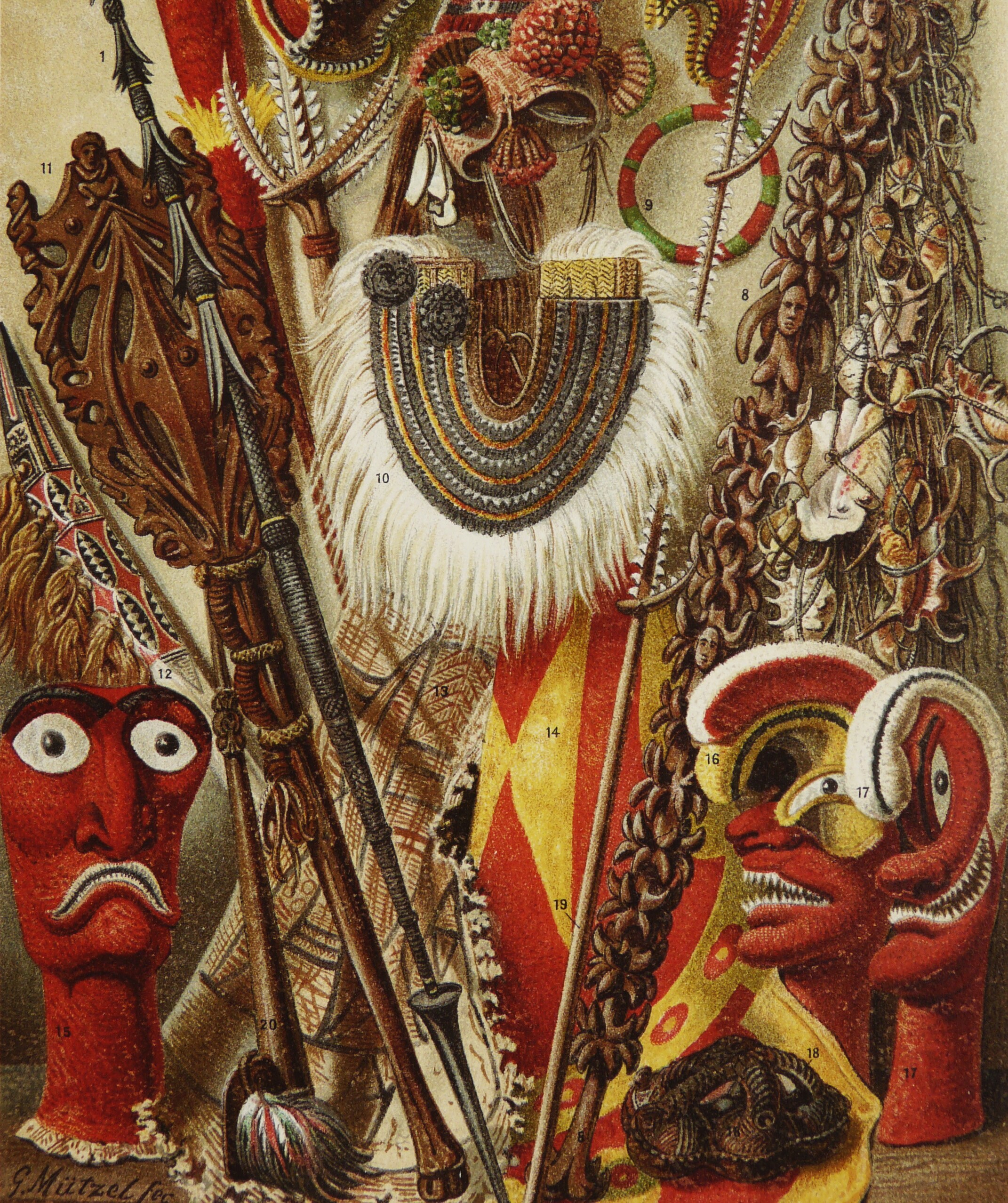 1897 Antique Lithograph of OCEANIA, AUSTRALIAN CULTURE. Melanesia ...