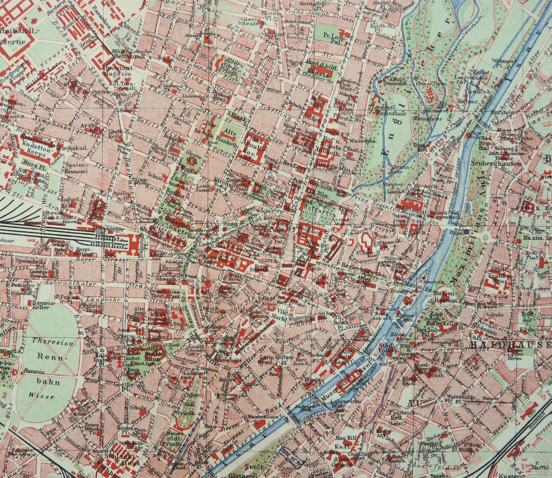 1895 Antique City Map of MUNICH, BAVARIA, GERMANY. 129 Years Old Town ...