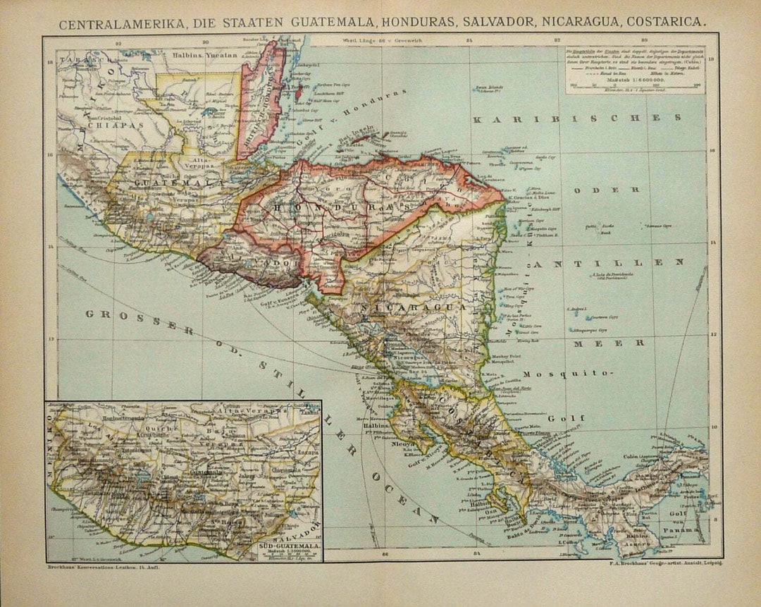 1900 Antique Map of CENTRAL AMERICA: Mexico, El Salvador, Nicaragua ...