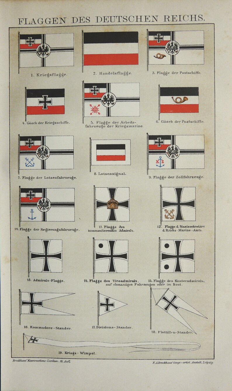1895 Antique Lithograph of GERMAN HISTORIC FLAGS. Flags of German ...
