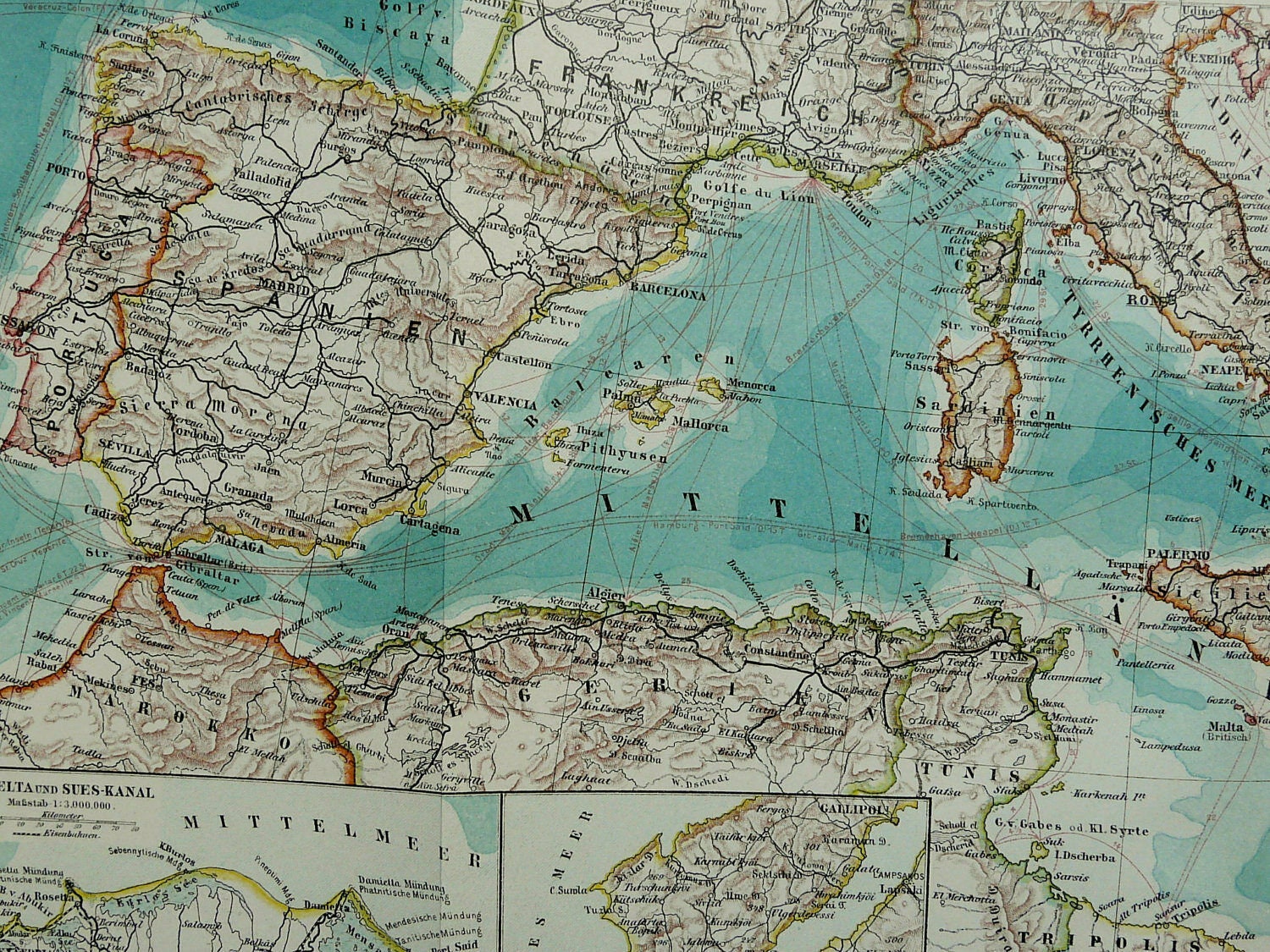 1897 Antique Map of THE MEDITERRANEAN SEA With Shipping Routes. Italy ...