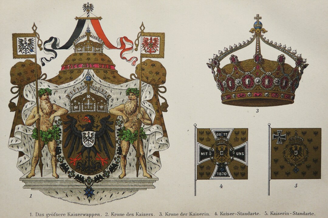 1895 Antique Lithograph of GERMANY, GERMAN IMPERIAL Coat of Arms and ...