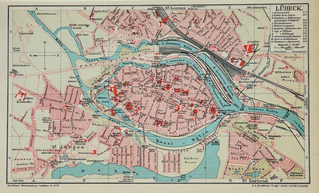 1895 Antique City Map of LÜBECK, GERMANY. 129 Years Old Town Map. - Etsy