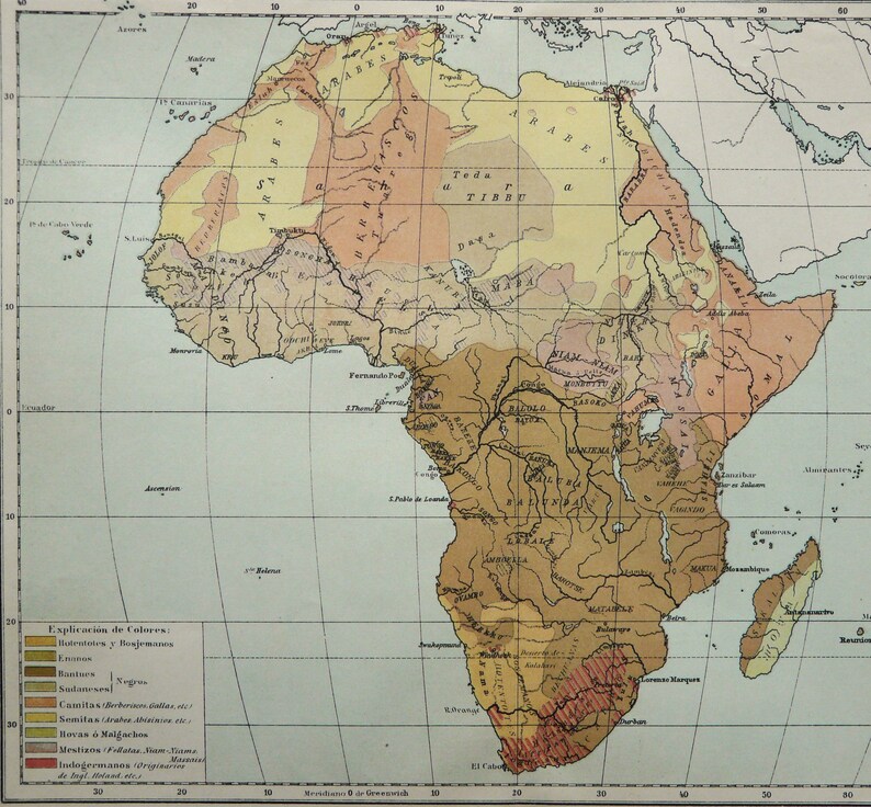 1900 Antique ETHNOGRAPHIC MAP of AFRICA. Ethnography. African People ...