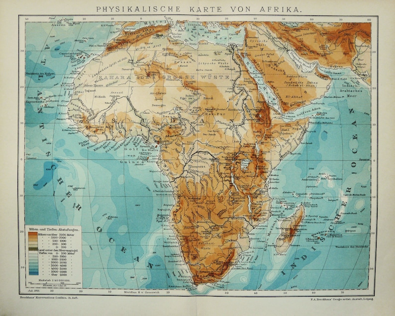 1895 Antique Physical Map of AFRICA, Rivers and Mountains. Geology ...