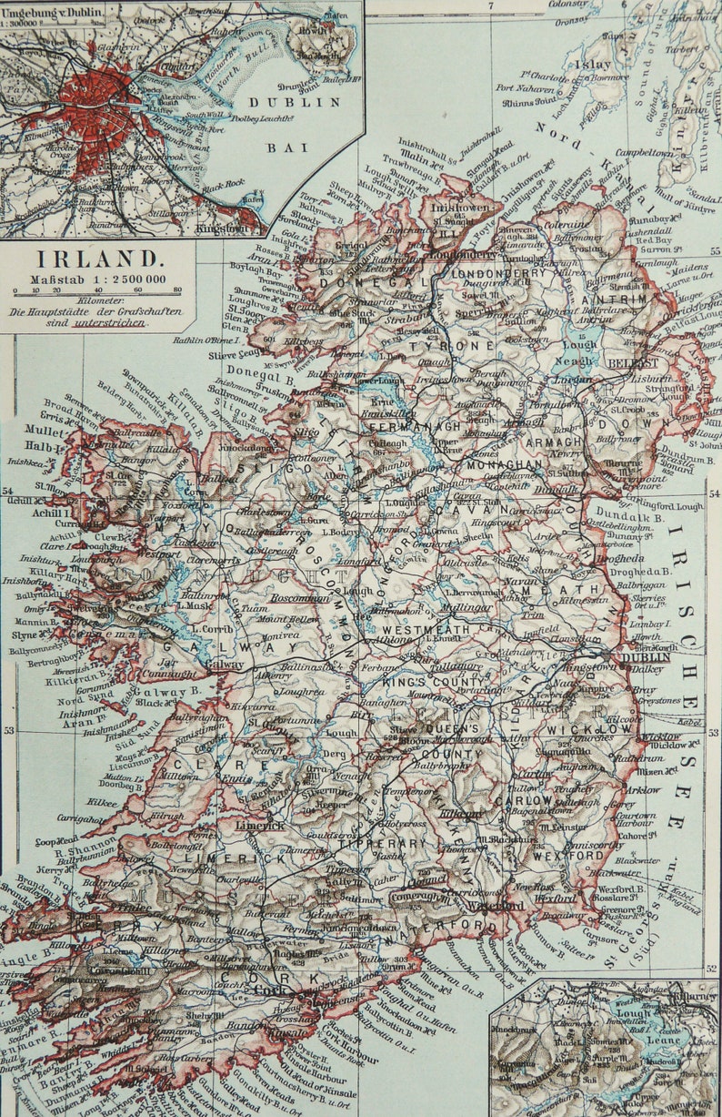 1897 Antique Map of IRELAND. EIRE. Dublin. Geography. 127 Years Old ...