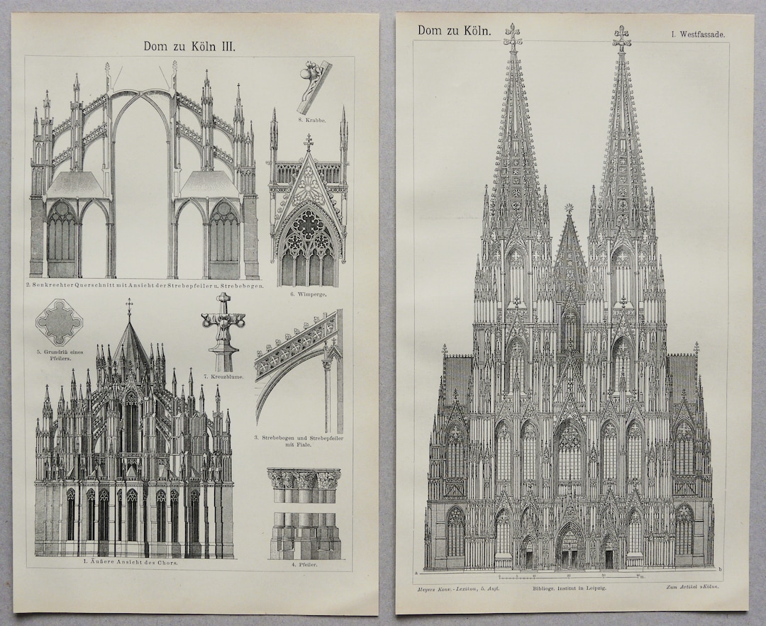 1897 Set of Two Antique Prints of ARCHITECTURE: COLOGNE CATHEDRAL ...