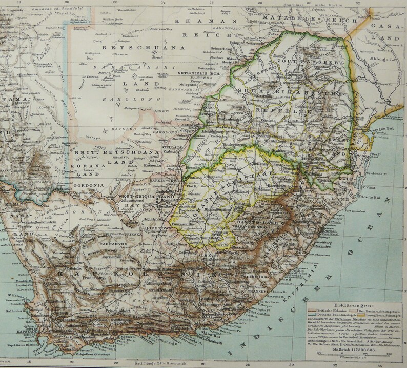 1895 Antique Map of SOUTHERN AFRICA, South Africa, Bostwana, Namibia ...