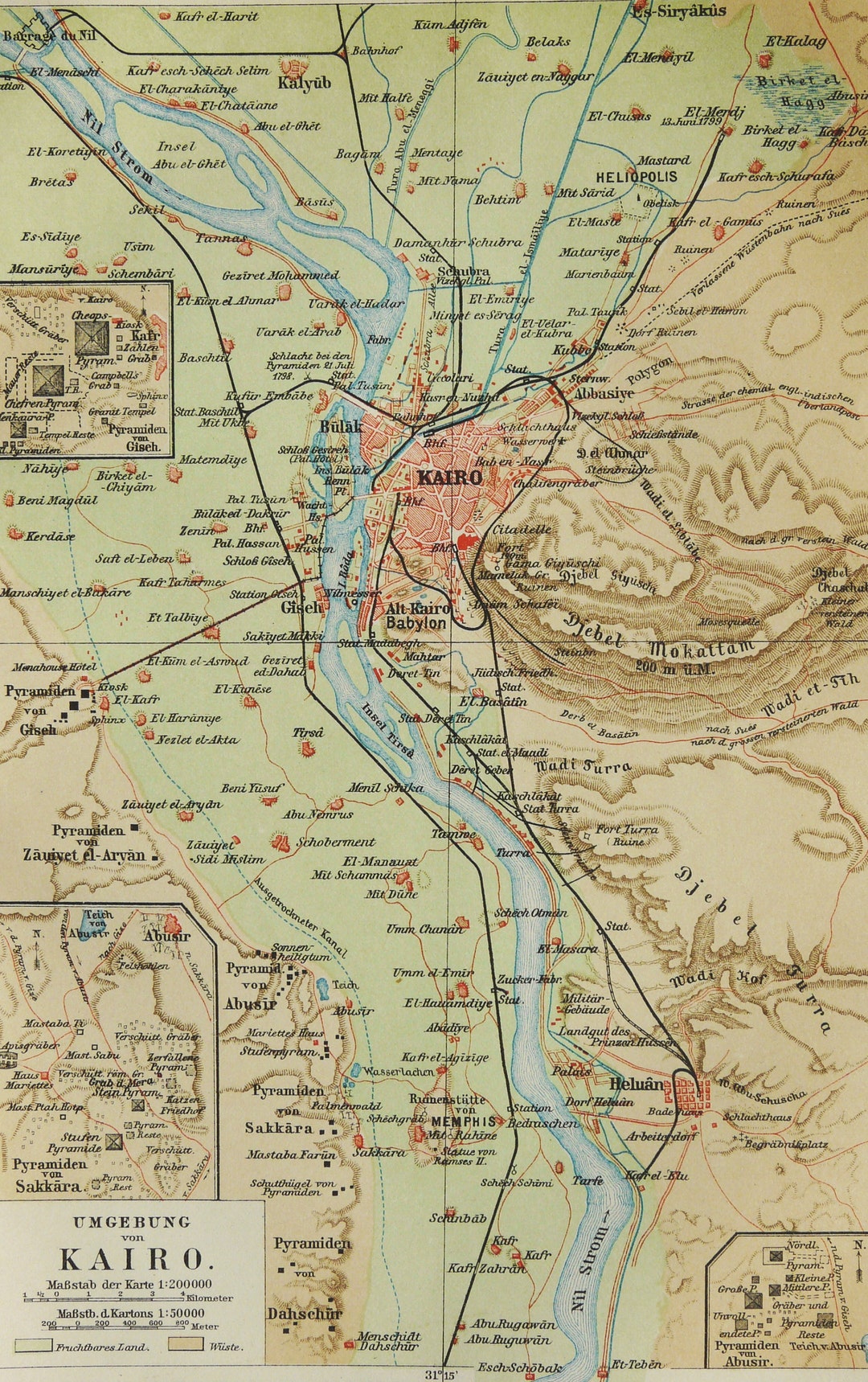 1897 Antique Map of CAIRO, EGYPT. PYRAMIDS. Great Pyramid of Giza ...