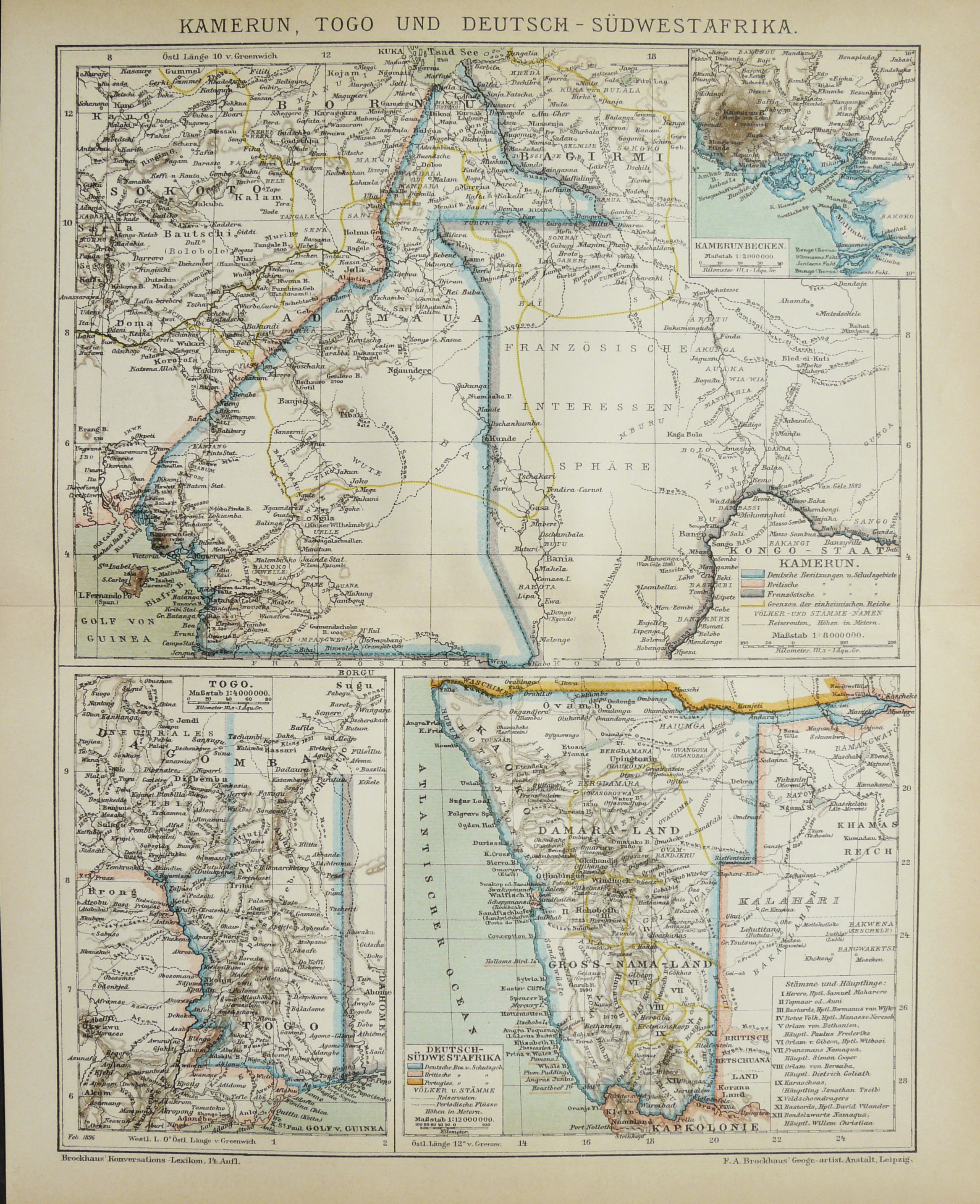1895 Antique Map of GERMAN COLONIES in AFRICA. German Empire. Germany ...