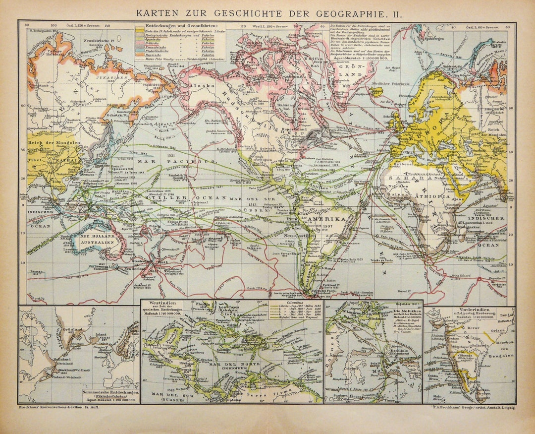 1895 Antique WORLD MAP With the Main Travels of the Age of Discoveries ...