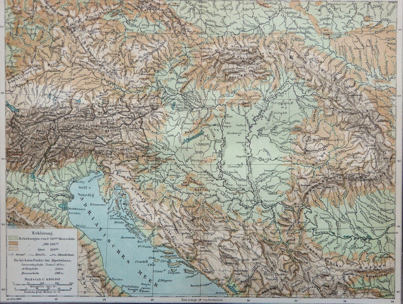 1896 Antique Physical Map of AUSTRIA HUNGARY. Austro Hungarian Empire ...