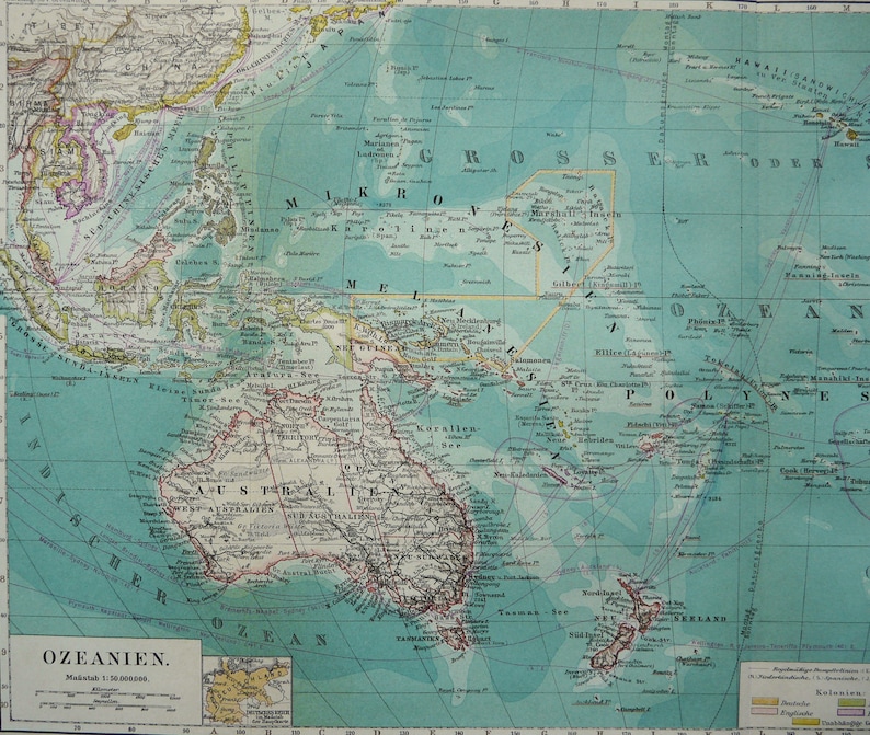 1897 Antique Large Map of OCEANIA. PACIFIC OCEAN. Polynesia. Melanesia ...