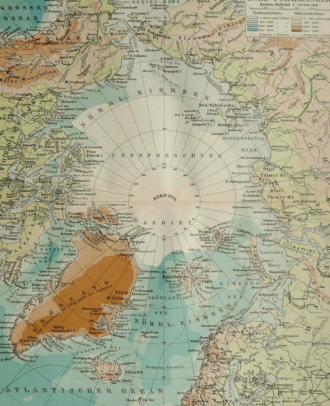 1897 Antique Map of the NORTH POLE. ARCTIC. Arctic Sea. 127 Years Old ...