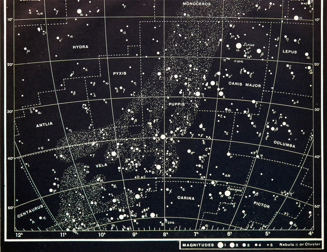 1950 Antique Astronomy Print of STARS, CONSTELLATIONS. Milky Way. 73 ...