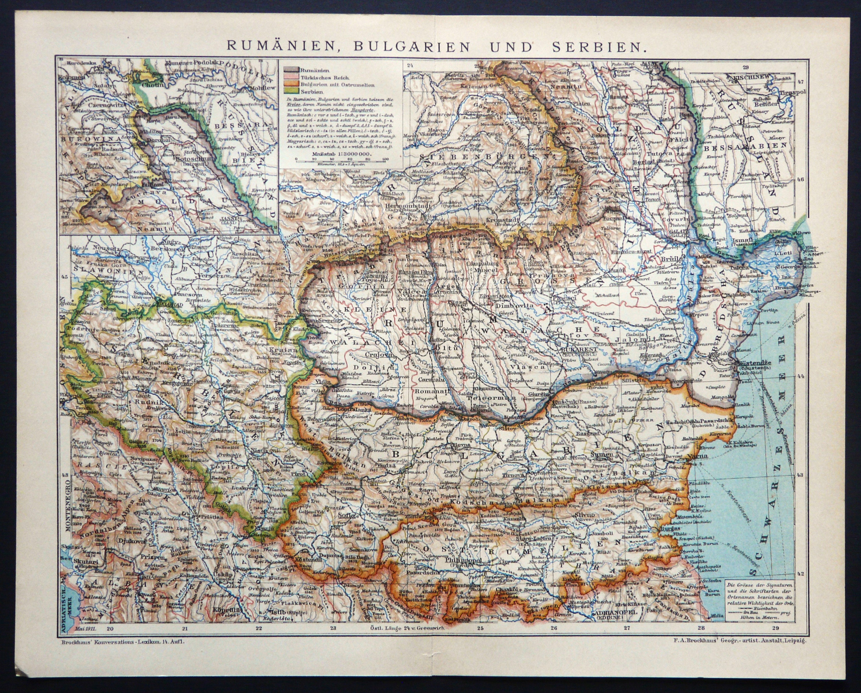1911 Antique Map of BALKANS at the Time of the BALKAN WARS. Romania ...