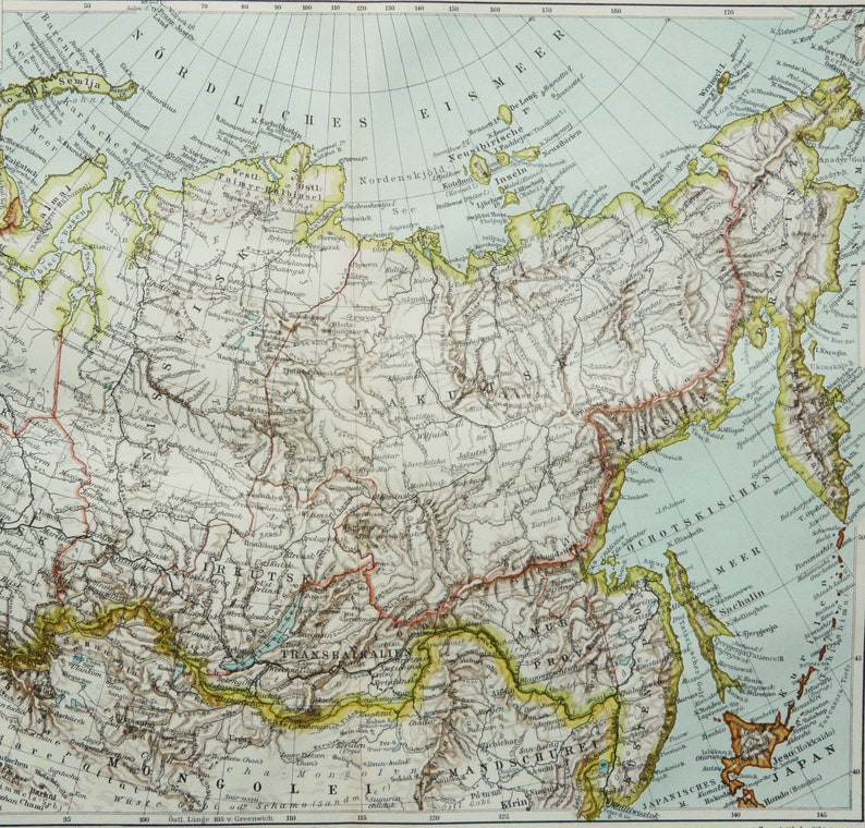 1897 Antique Map of SIBERIA, RUSSIA. Russian Empire. 126 Years Old ...