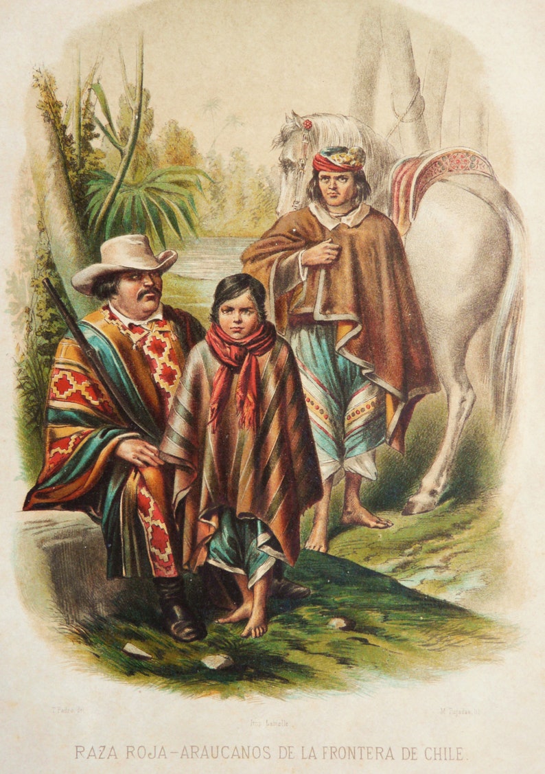 1872 Antique Lithograph of MAPUCHE PEOPLE From Chile, Argentina ...