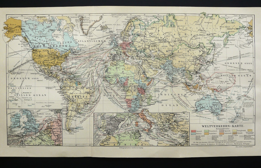 1897 Antique World Map of SHIPPING ROUTES in Late 19th Century, Early ...