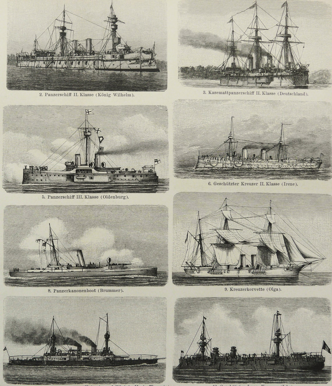 1895 Antique Print of a ANCIENT BATTLESHIPS. WARSHIPS. Pre-dreadnoughts ...