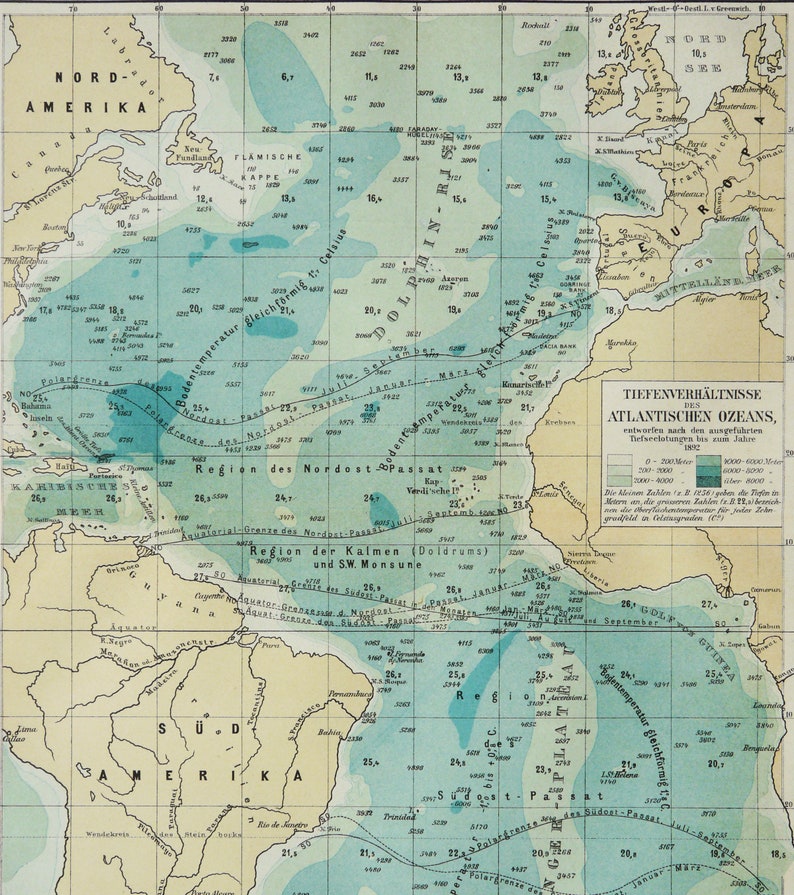1897 Antique Map of THE ATLANTIC OCEAN. Navigation. 127 Years Old Chart ...
