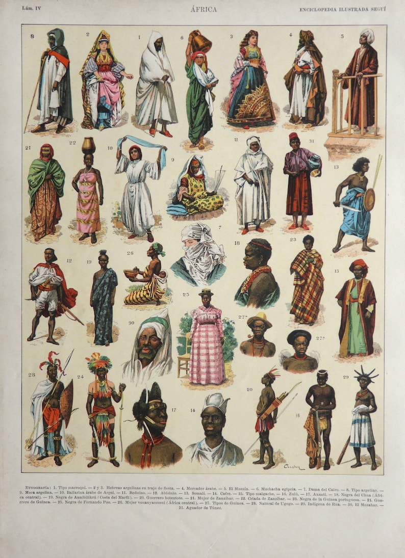 1900 Antique Lithograph of AFRICAN PEOPLE. African Tribes. People From ...