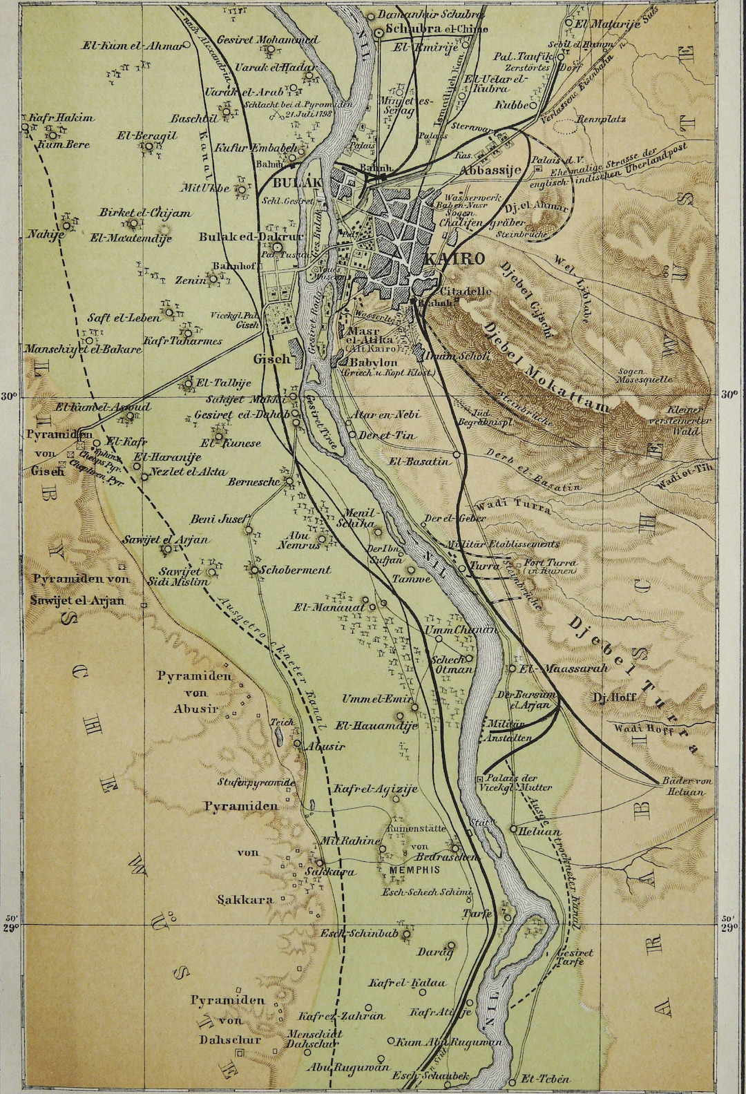 1895 Antique Map of CAIRO, EGYPT. PYRAMIDS. Great Pyramid of Giza ...