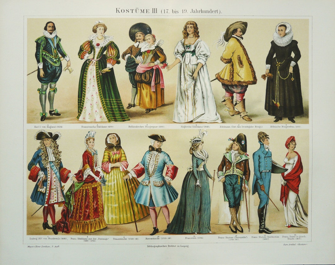 1897 Antique Lithograph of FASHION From 17th to 18th Century. Antique ...