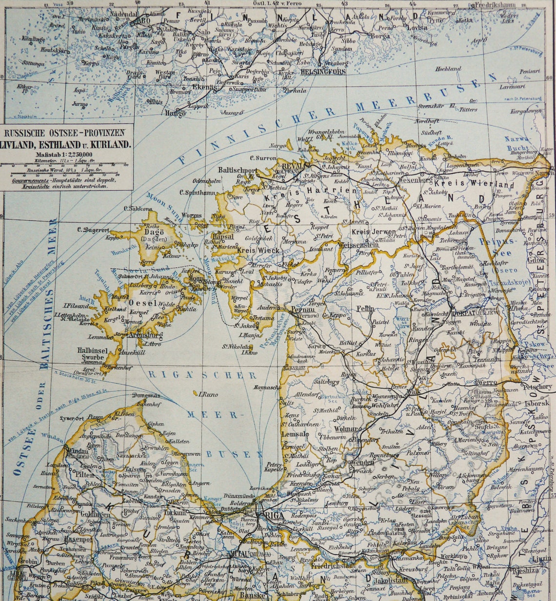 1897 Antique Map of THE BALTIC STATES: Estonia, Latvia, Lithuania ...