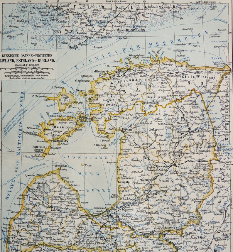 1897 Antique Map of THE BALTIC STATES: Estonia, Latvia, Lithuania ...