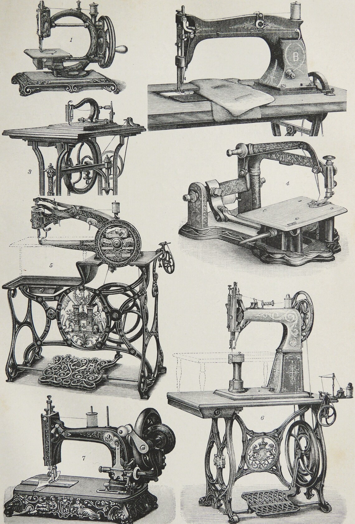 1895 Antique Print of SEWING MACHINES, Different Types. 129 Years Old ...