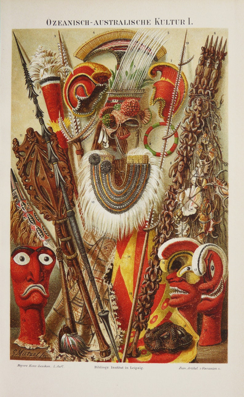 1897 Antique Lithograph of OCEANIA, AUSTRALIAN CULTURE. Melanesia ...