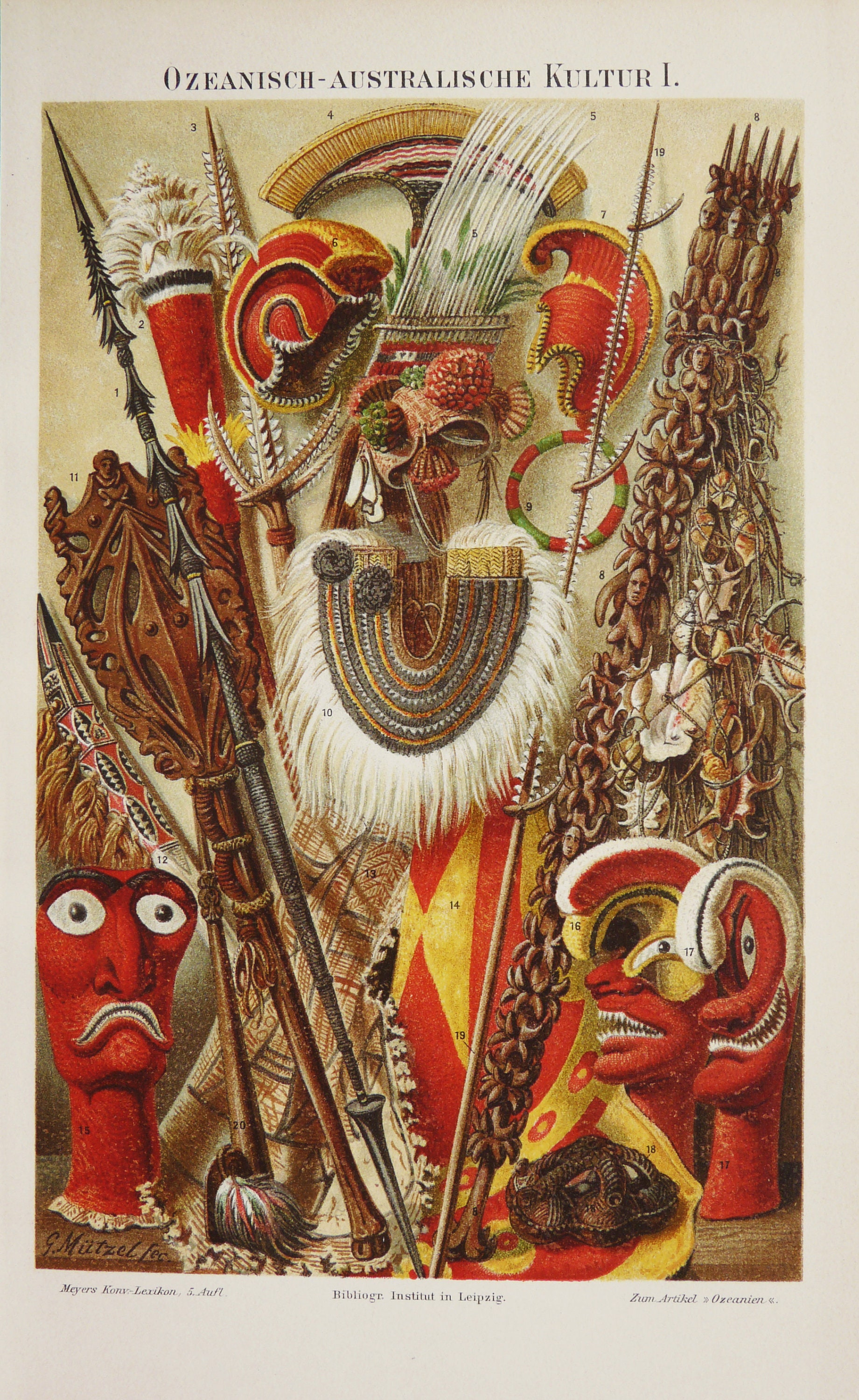 1897 Antique Lithograph of OCEANIA, AUSTRALIAN CULTURE. Melanesia ...