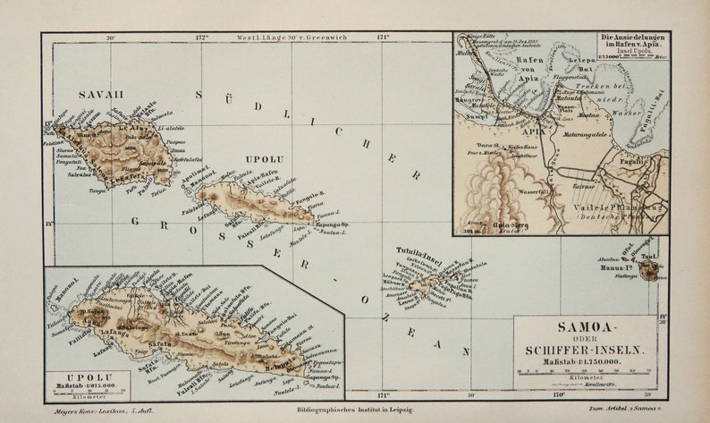 1897 Antique Map of SAMOA ISLANDS. OCEANIA. Polynesia. 127 Years Old ...