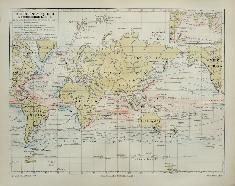 1897 Antique World Map of OCEAN CURRENTS. NAVIGATION. Climate. - Etsy