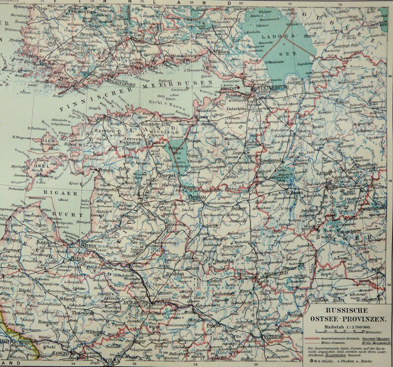 1897 Antique Map of THE BALTIC STATES: Estonia, Latvia, Lithuania ...