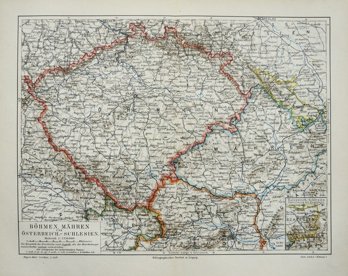 1897 Antique Map of BOHEMIA and MORAVIA. SILESIA. Czech Republic. 126 ...